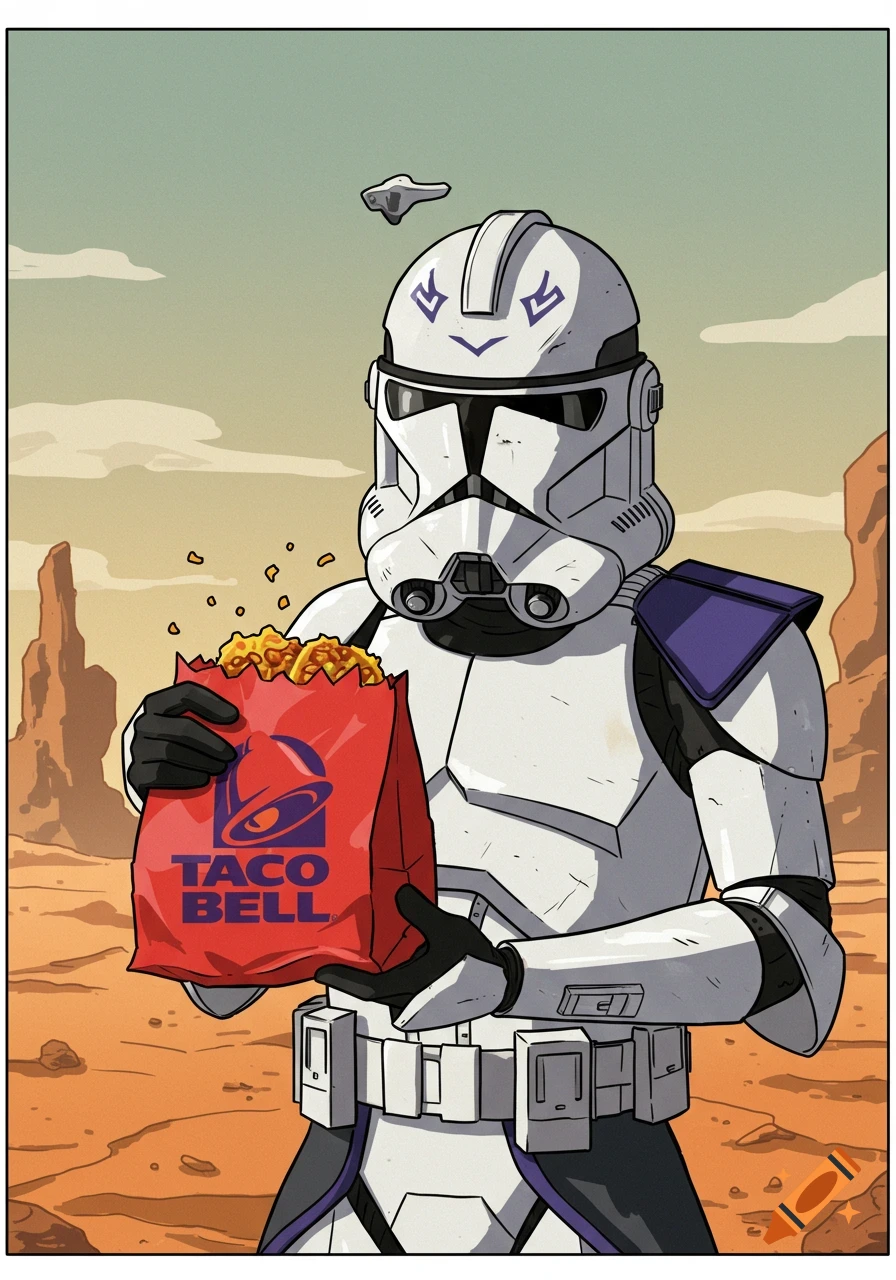 A comic-style illustration of a Star Wars Clone Trooper holding a Taco ...