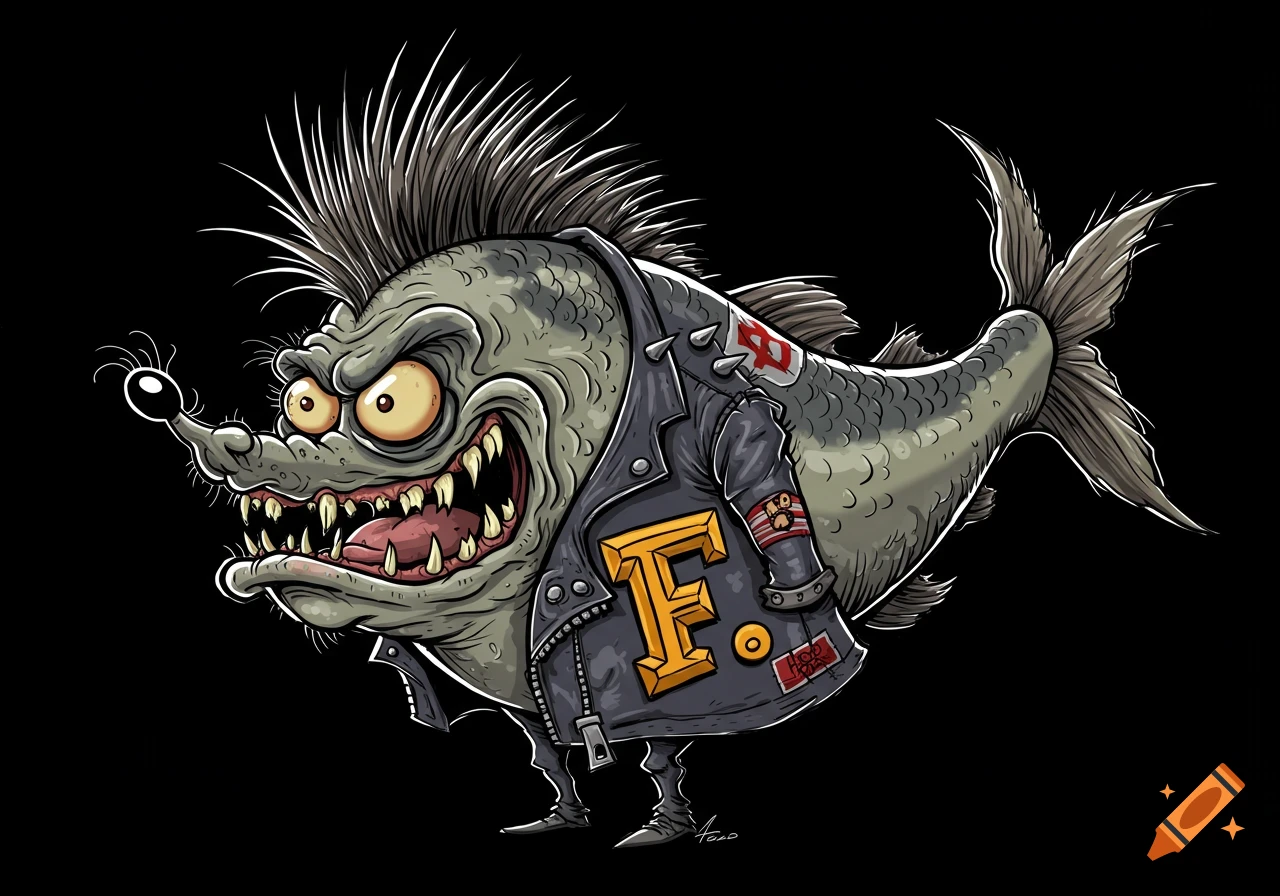 Cartoon fish character in punk rock style with a mohawk and leather ...