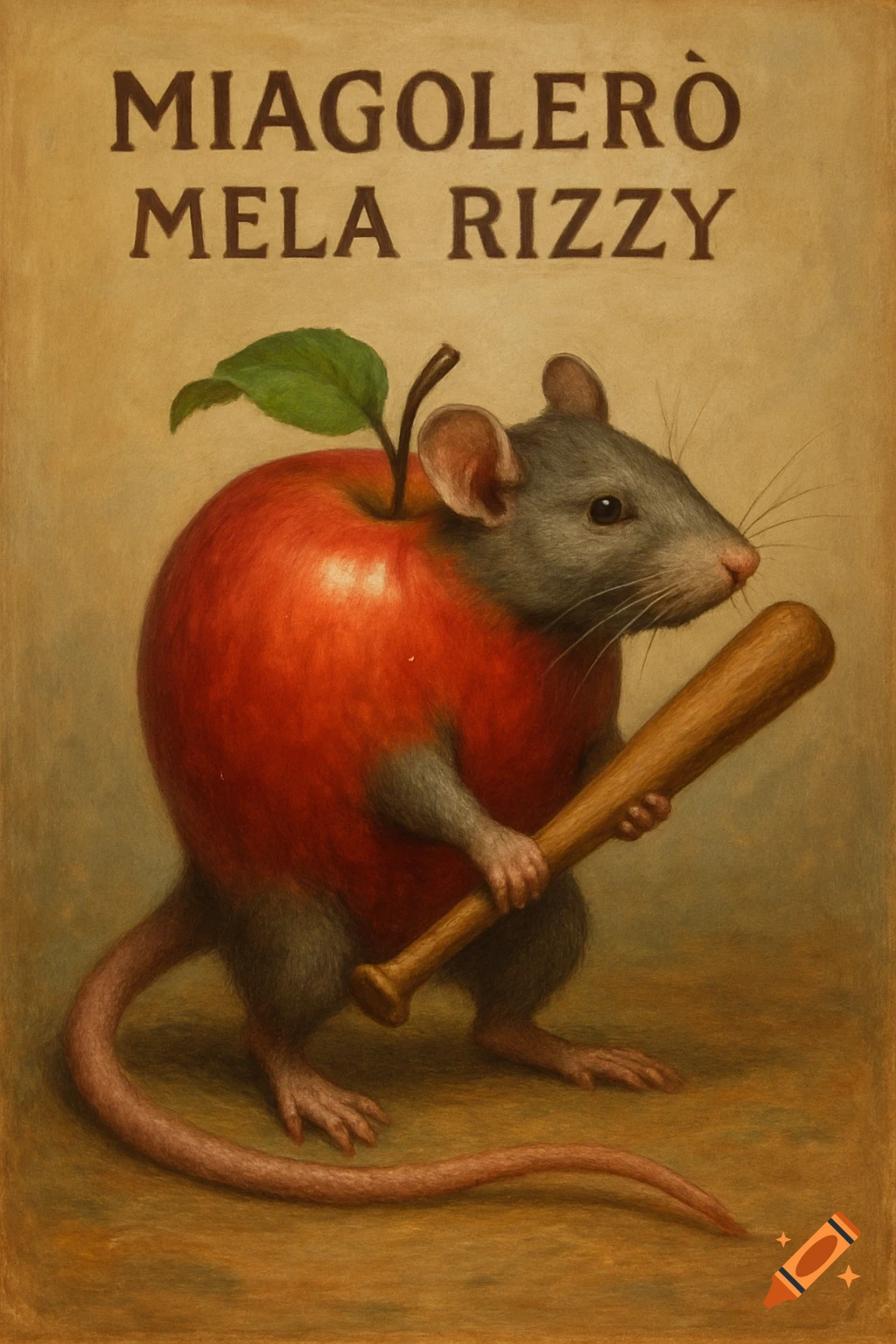 Painting of a rat with an apple body holding a baseball bat, text above ...