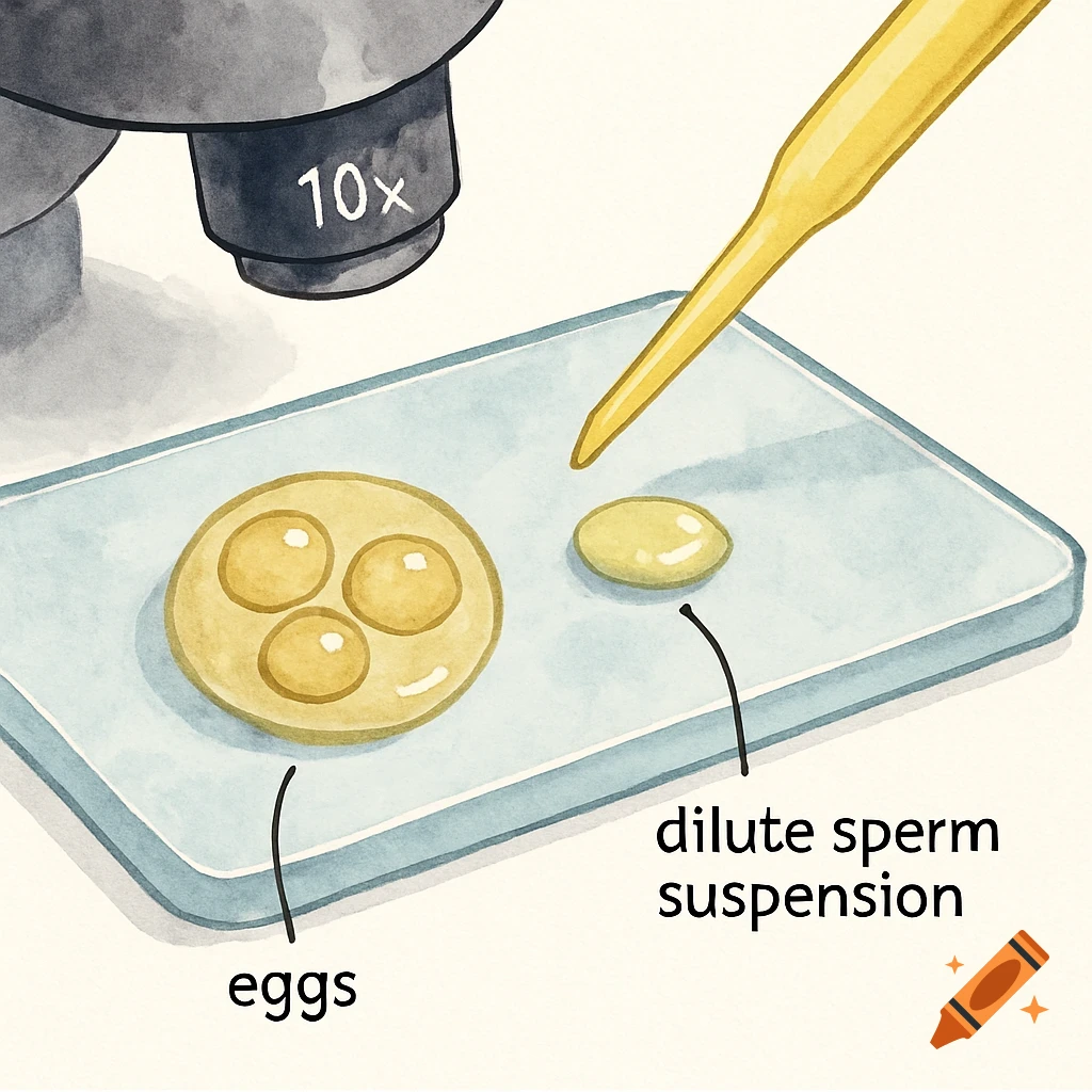 Watercolor illustration of a microscope slide with drops labeled "eggs ...