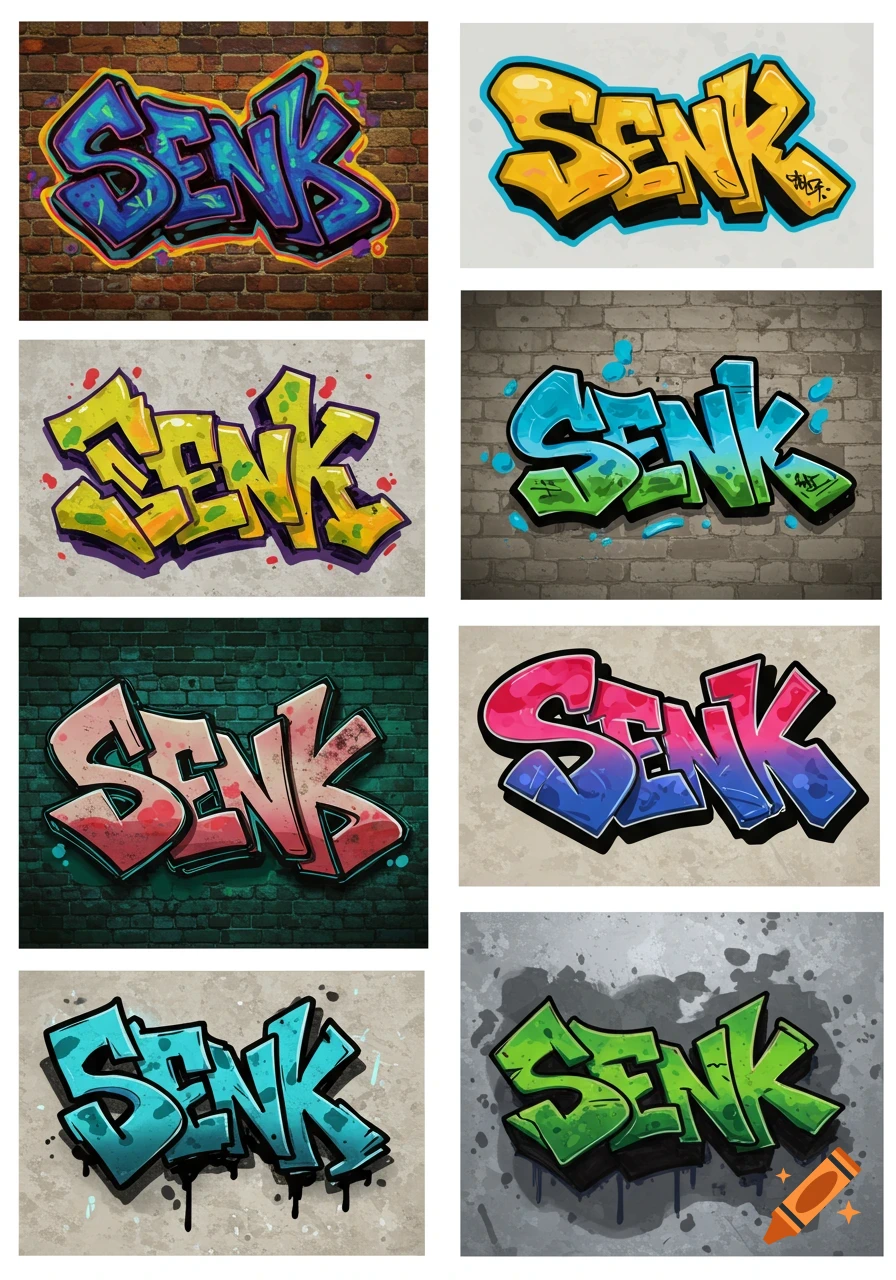 Examples of graffiti art showing the word SENK in various colors and styles on different ...