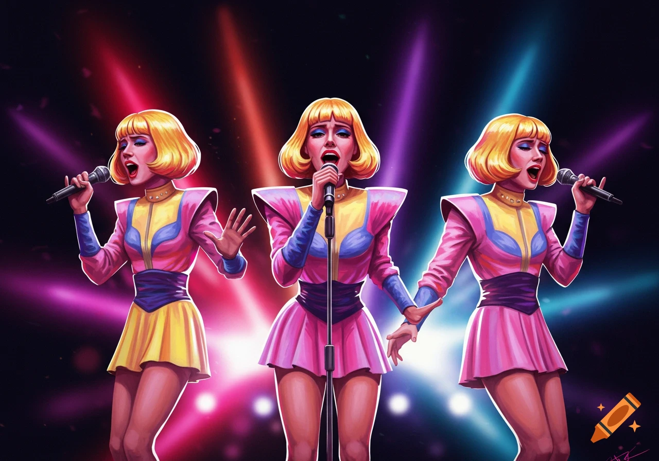 Three women in colorful stage outfits singing into microphones under ...