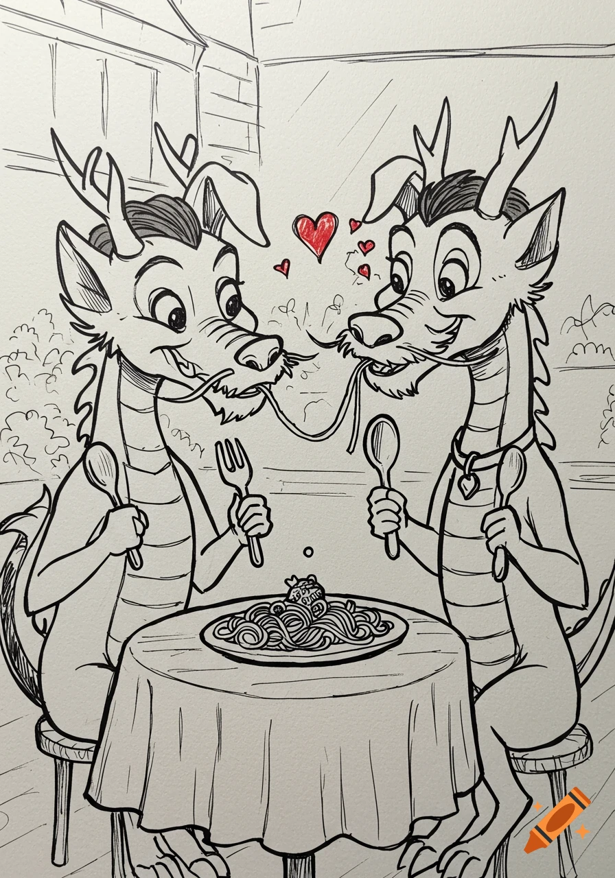 Two cartoon dragons share a strand of spaghetti on a date in a line ...