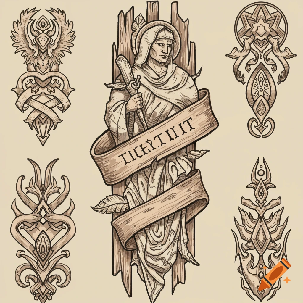 Medieval woodcut style tattoo designs featuring a figure with a banner ...
