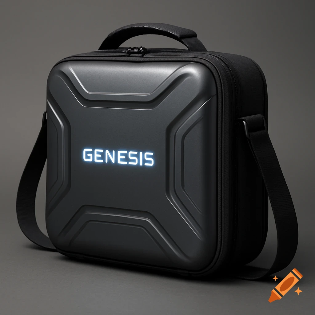 A futuristic black computer bag with the word GENESIS lit up on the ...