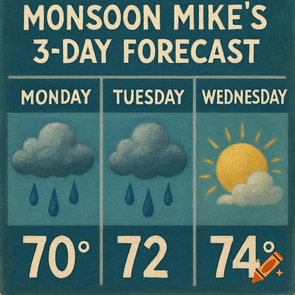 A graphic for Monsoon Mike's 3-Day Forecast showing rain Monday (70 ...