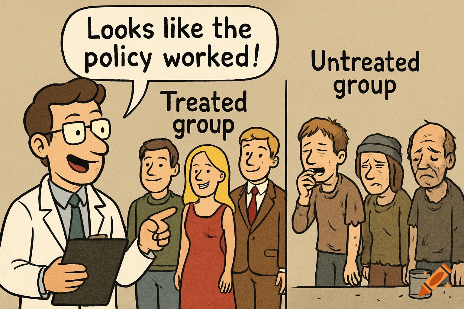 Cartoon of a researcher pointing at a healthy 'treated group' next to ...
