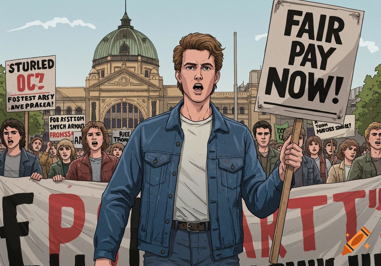 Illustration of a young man holding a "FAIR PAY NOW!" sign at a protest ...