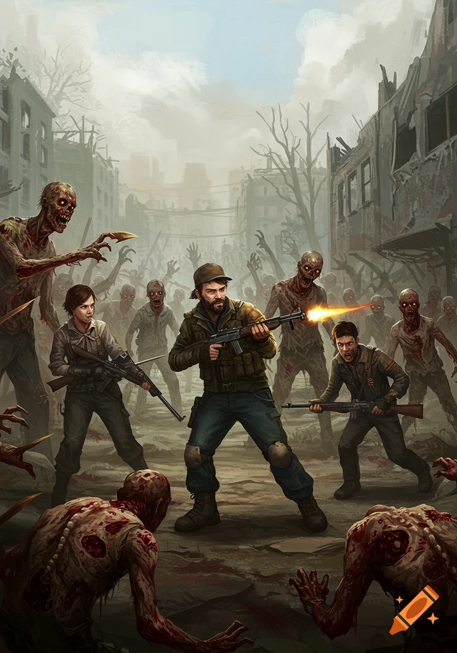 Survivors fight off a horde of zombies in a ruined city street in a ...