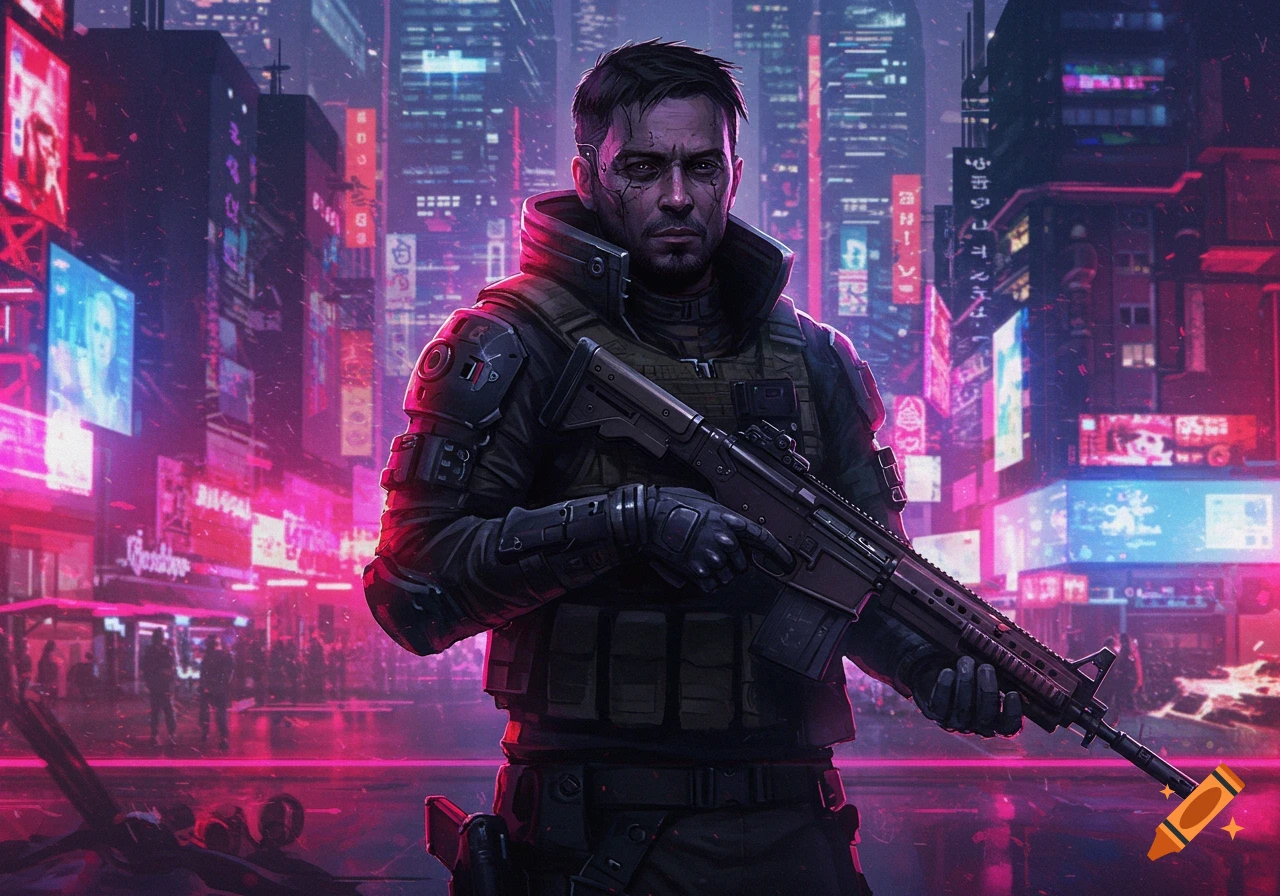 A cyberpunk soldier with a rifle stands in a neon-lit city. on Craiyon