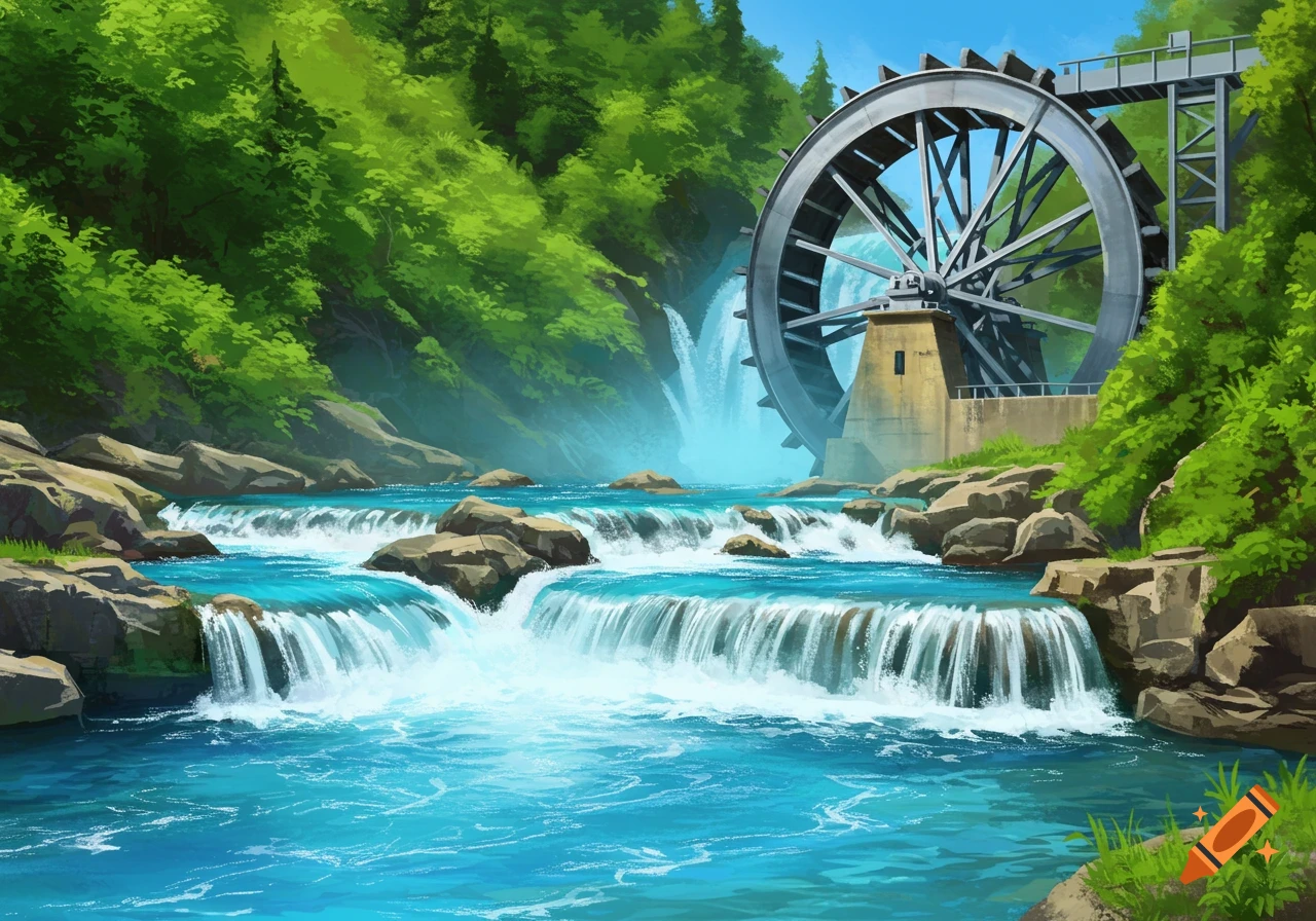 A digital painting of a water wheel next to a waterfall and rapids in a ...