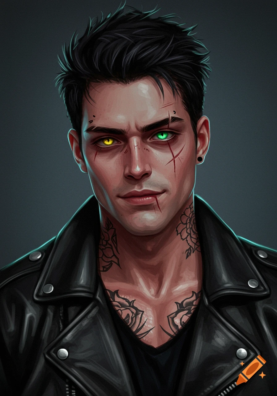 Illustrated portrait of a man with scars, yellow and green eyes ...