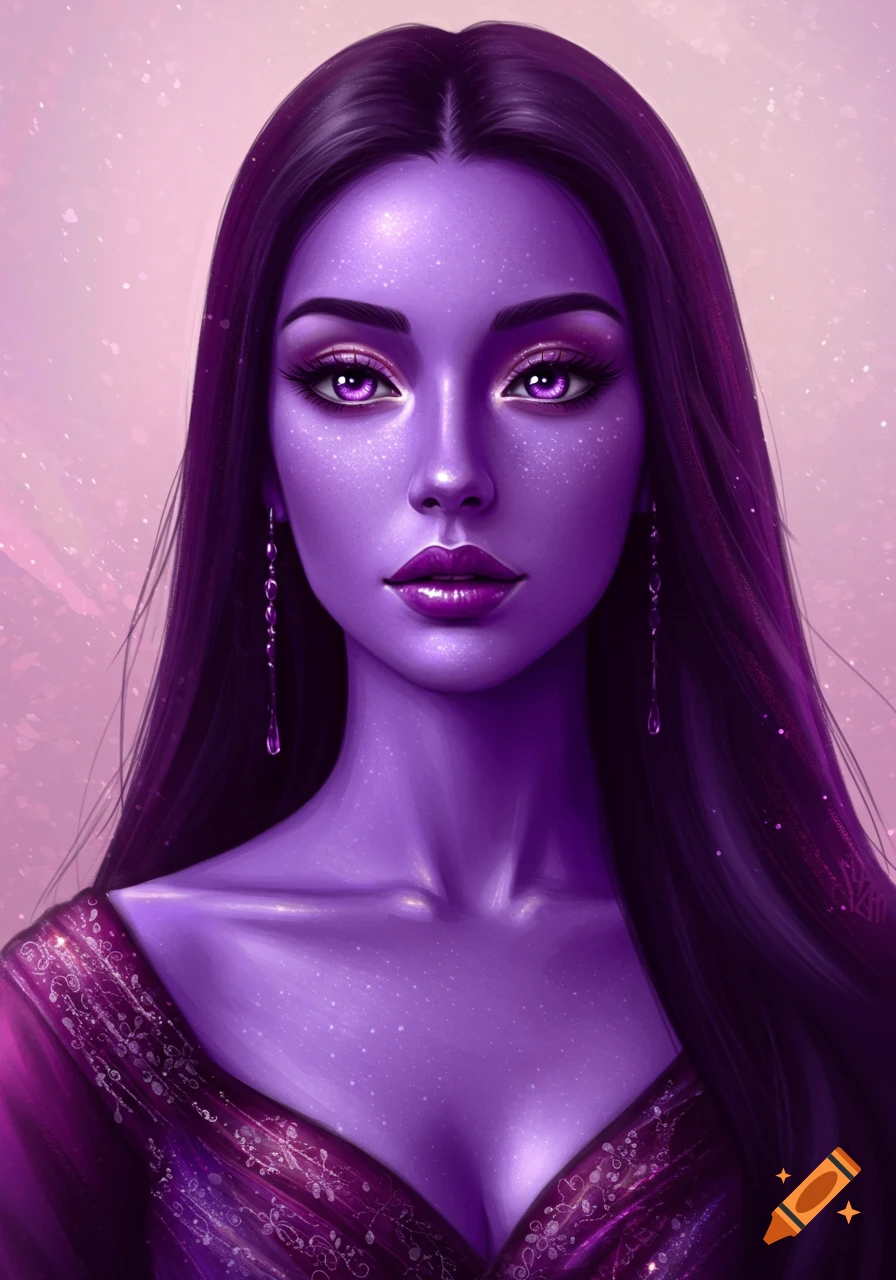 A portrait of a woman with purple skin and purple eyes, wearing a purple dress. on Craiyon
