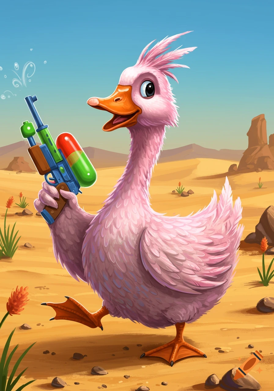 A pink cartoon goose holds a water gun in a desert. on Craiyon