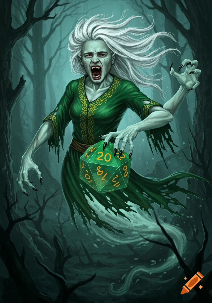 A banshee-like monster in a forest holds up a large green d20 dice. on ...