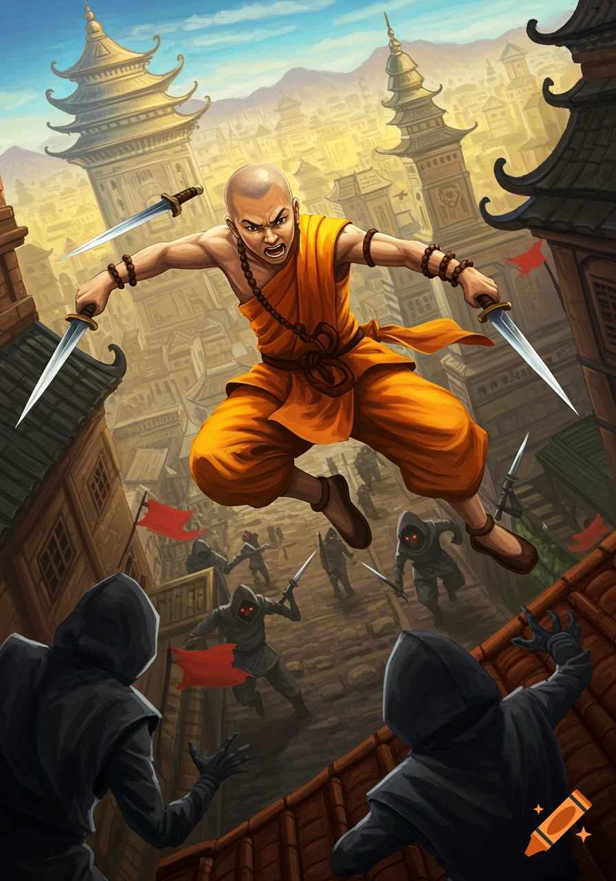 A monk jumps and fights hooded enemies with daggers in a city. on Craiyon
