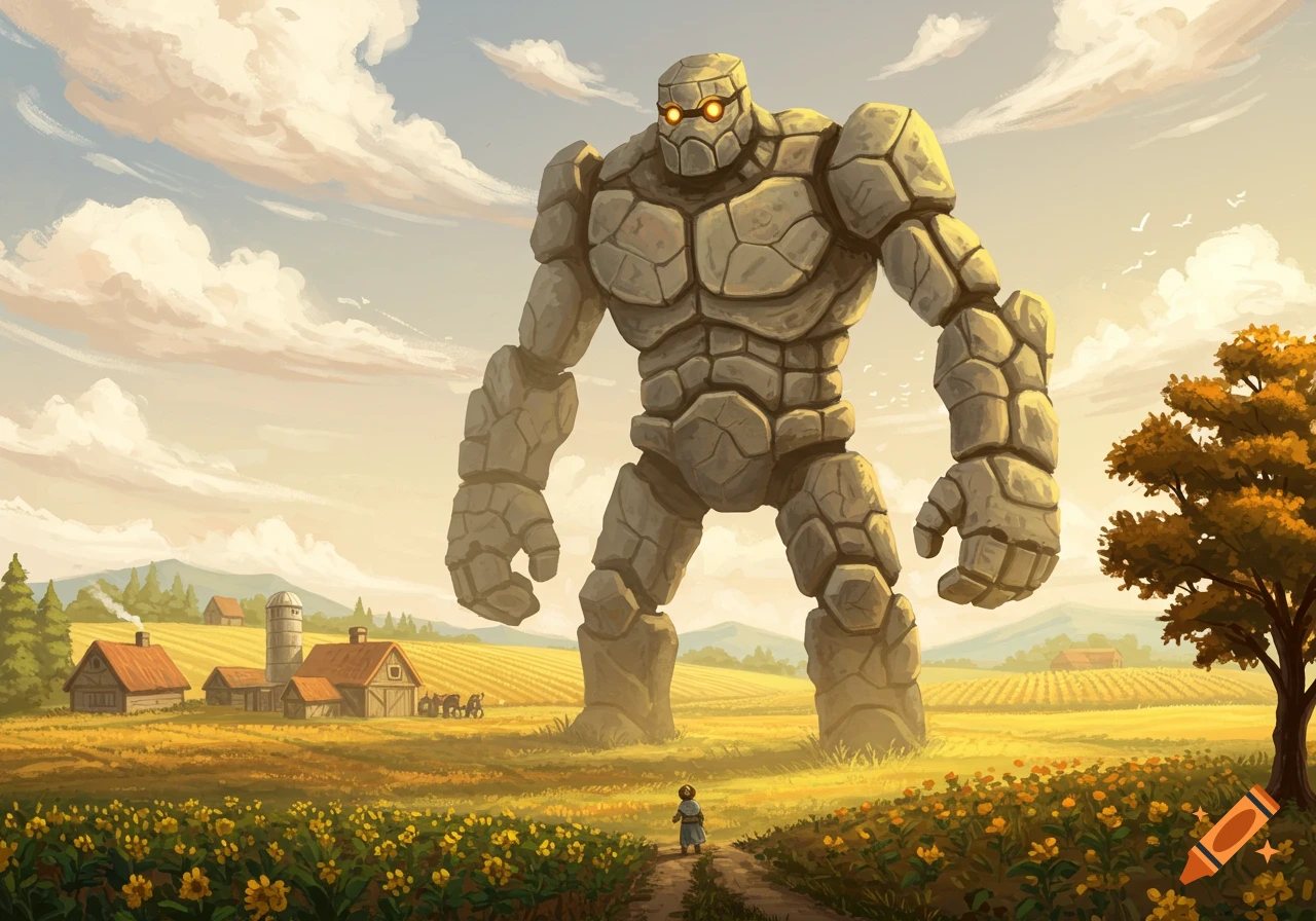 A giant stone golem overlooks a farm field with a small person in a ...