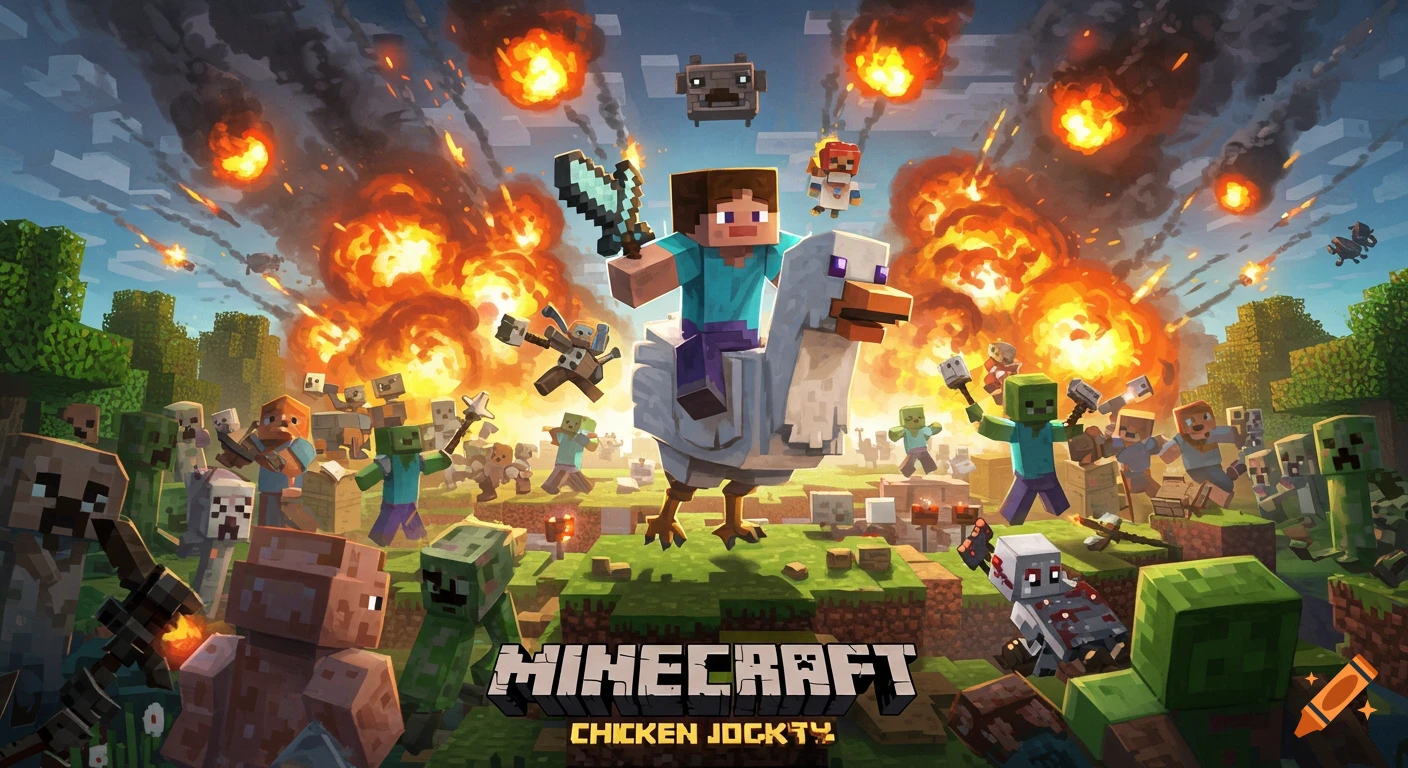 Steve rides a chicken through a chaotic Minecraft battle with zombies and explosions. on Craiyon