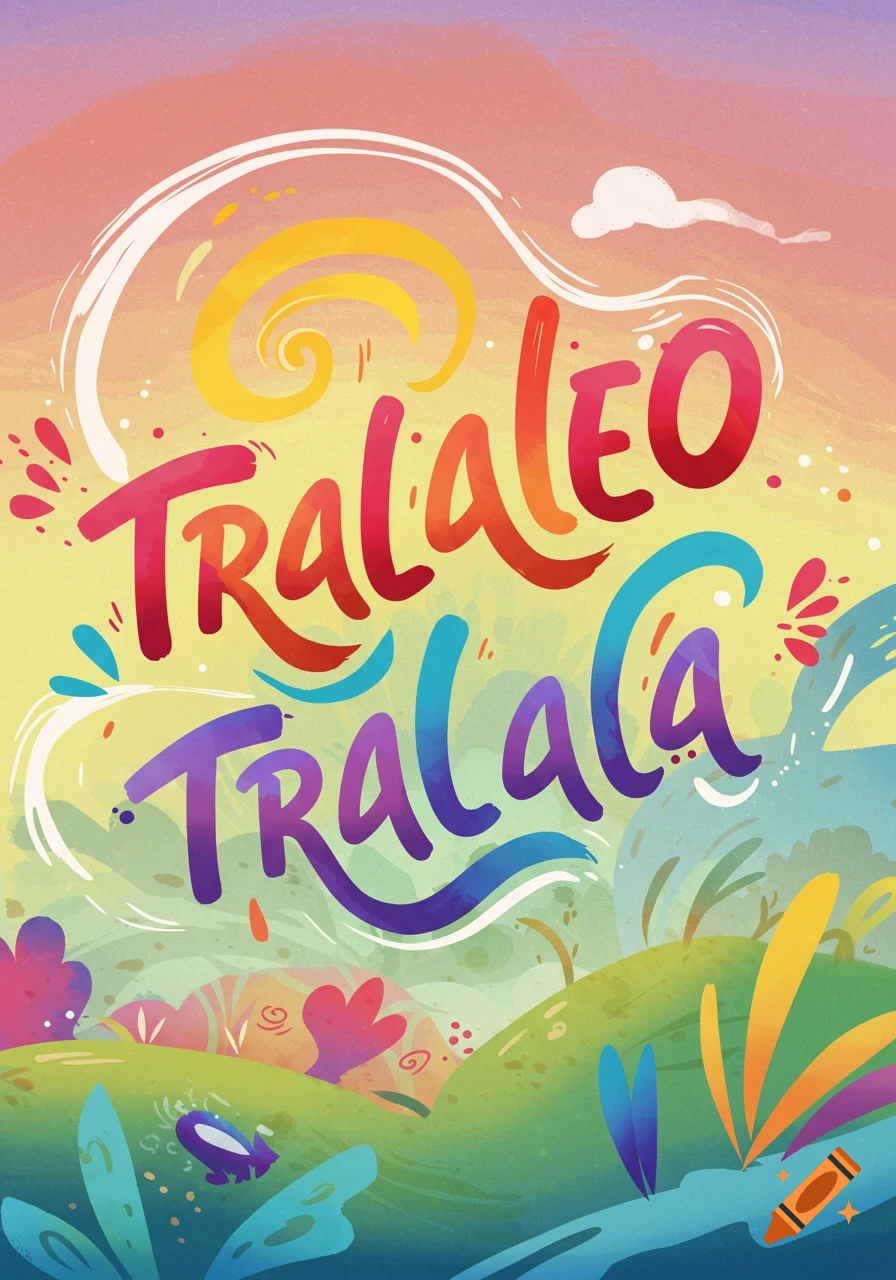 Colorful stylized text TRALALEO TRALLALA in a vibrant abstract landscape illustration. on Craiyon