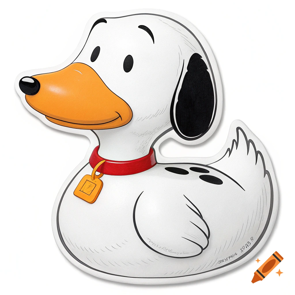 Cartoon white Snoopy-like rubber duck with black ears and spots, orange ...