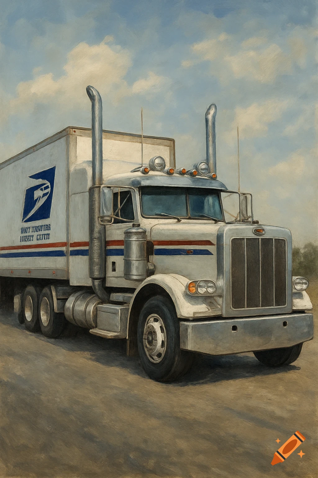 Painting of a white Peterbilt semi truck with USPS logo on a road on ...