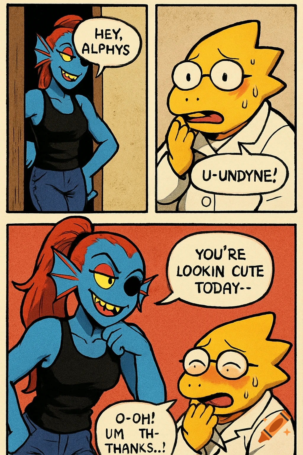 Comic strip of Undyne flirting with Alphys on Craiyon