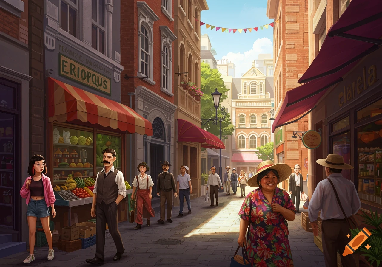 A stylized illustration of a busy street scene with shops, buildings ...
