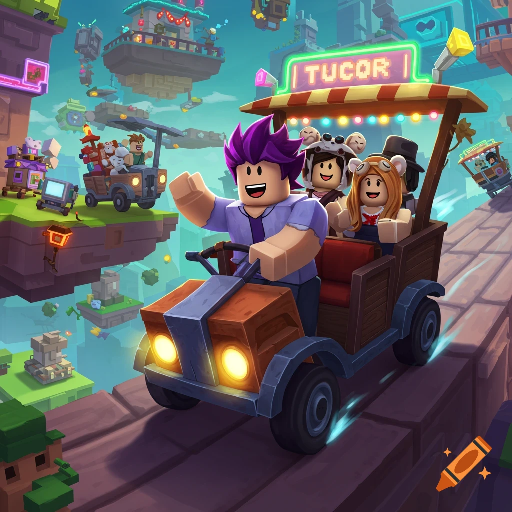 Roblox style characters ride in a cart on a track in a floating island ...