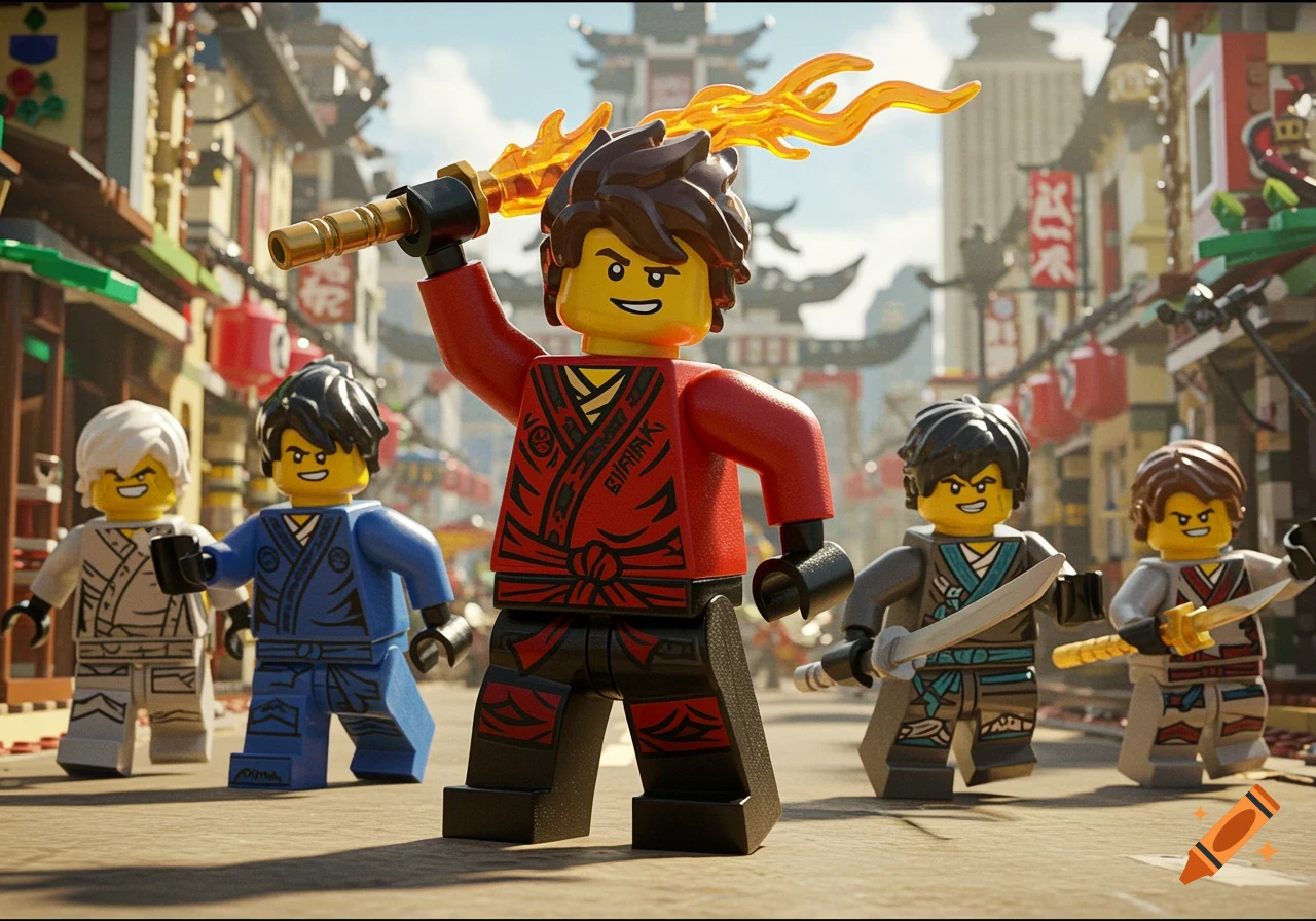 Photorealistic render of Lego Ninjago characters standing in a street ...