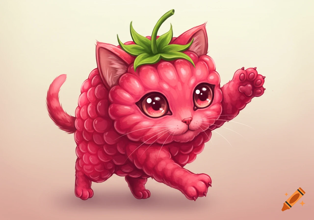Cute cartoon cat creature made of a raspberry on Craiyon