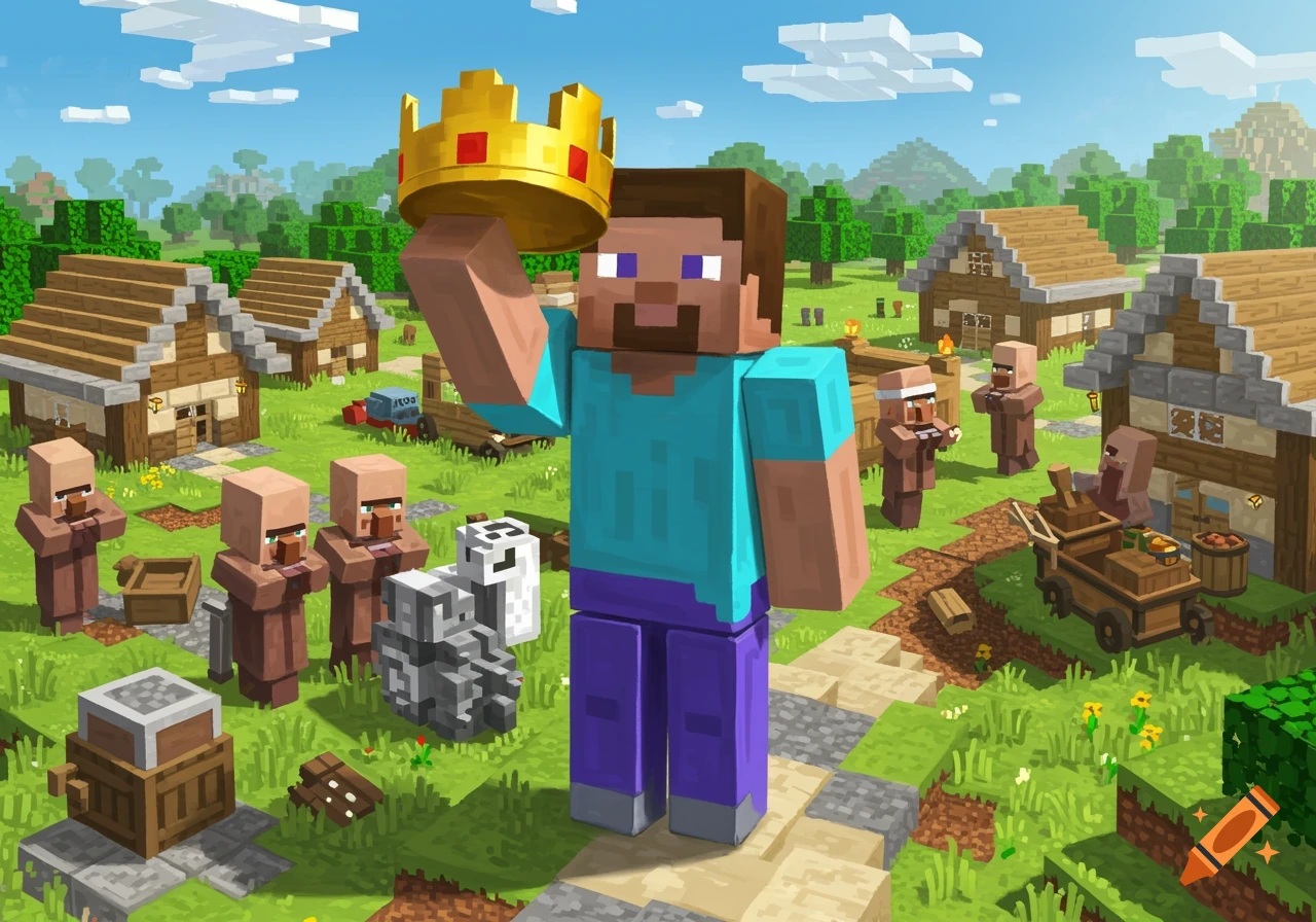 Minecraft Steve wearing a crown in a village with villagers. on Craiyon