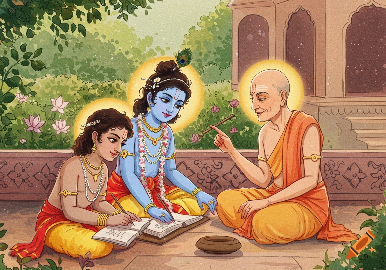 Watercolor illustration of Krishna and Balaram studying with Sandipani ...