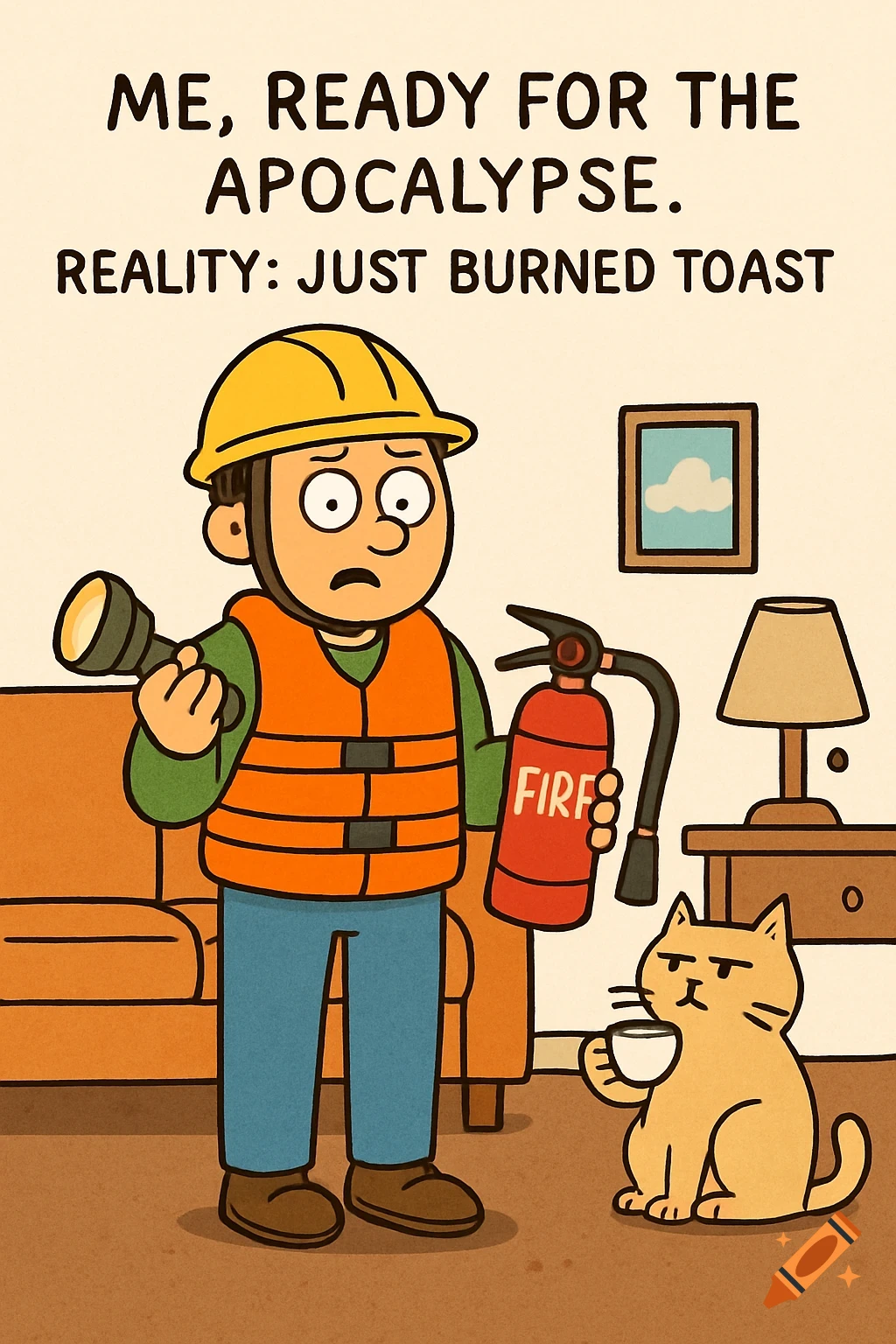 Cartoon of person ready for apocalypse in living room, cat calmly sips ...