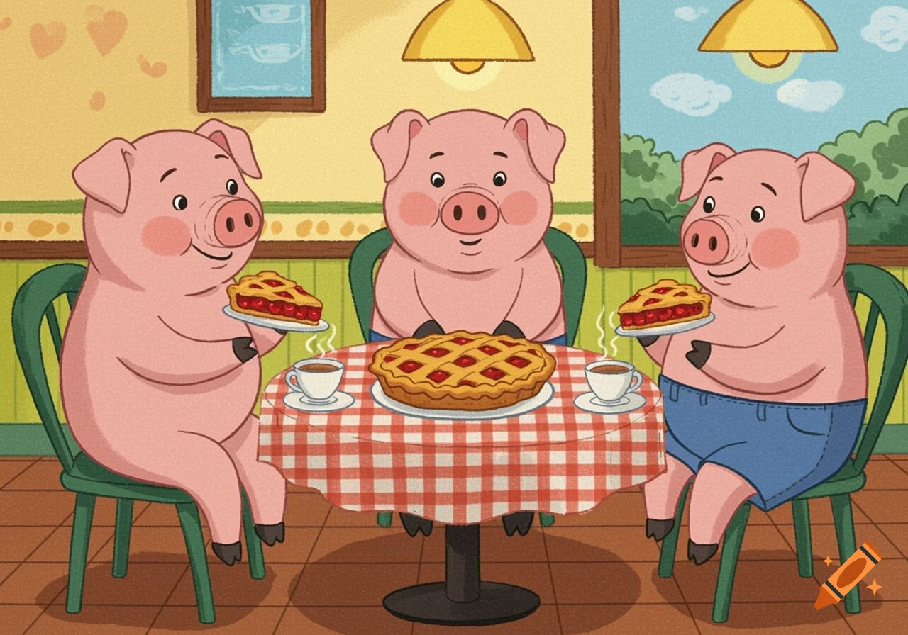 Cartoon illustration of three pigs eating pie and drinking coffee in a ...