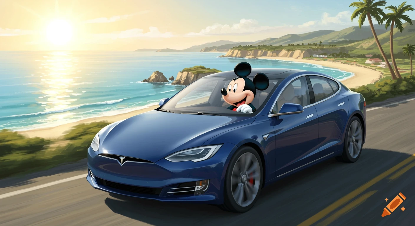 Mickey Mouse drives a dark blue Tesla along a sunny coastline road. on ...