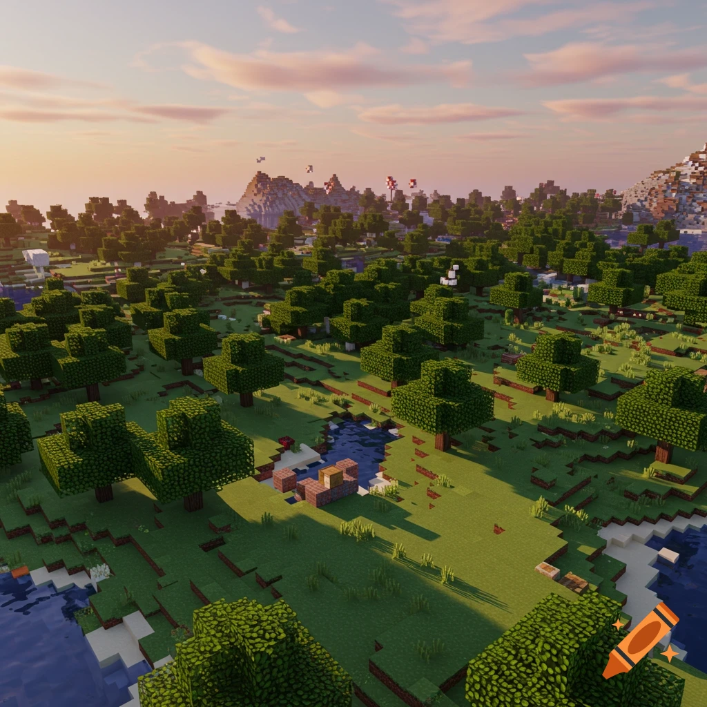 A blocky landscape in the style of Minecraft, showing a forest, river ...