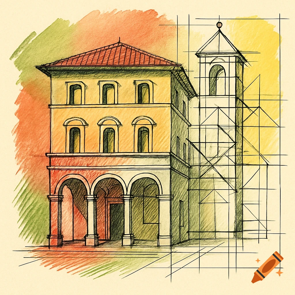 Schematic drawing of an Italian building with arches and a tower ...