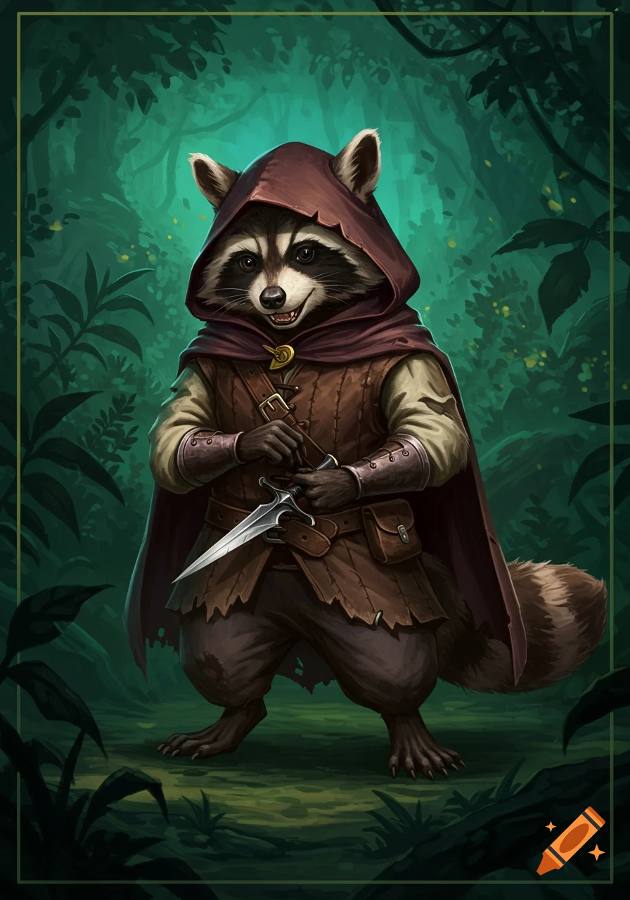 An illustration of a fantasy raccoon character dressed as a rogue ...