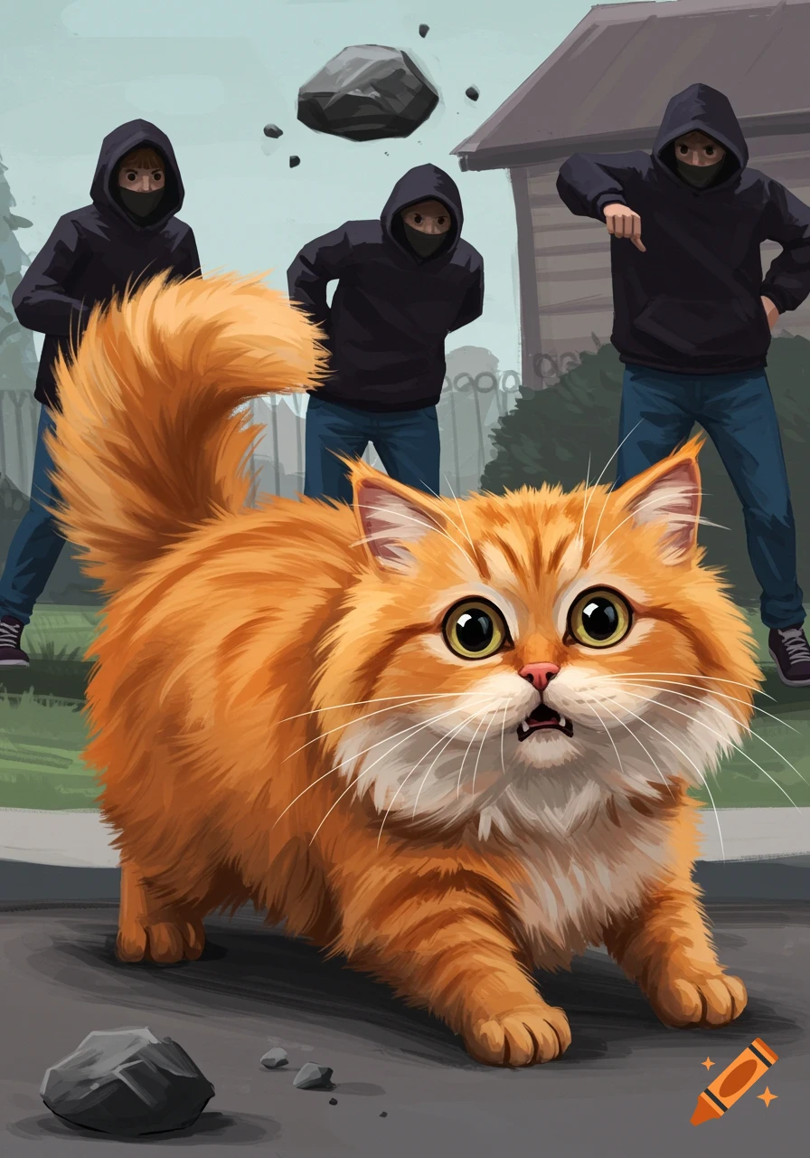Scared orange cat being attacked by hooded figures throwing rocks ...