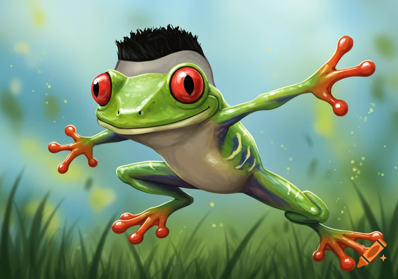 Red-eyed tree frog with a buzz cut hops in grass. on Craiyon