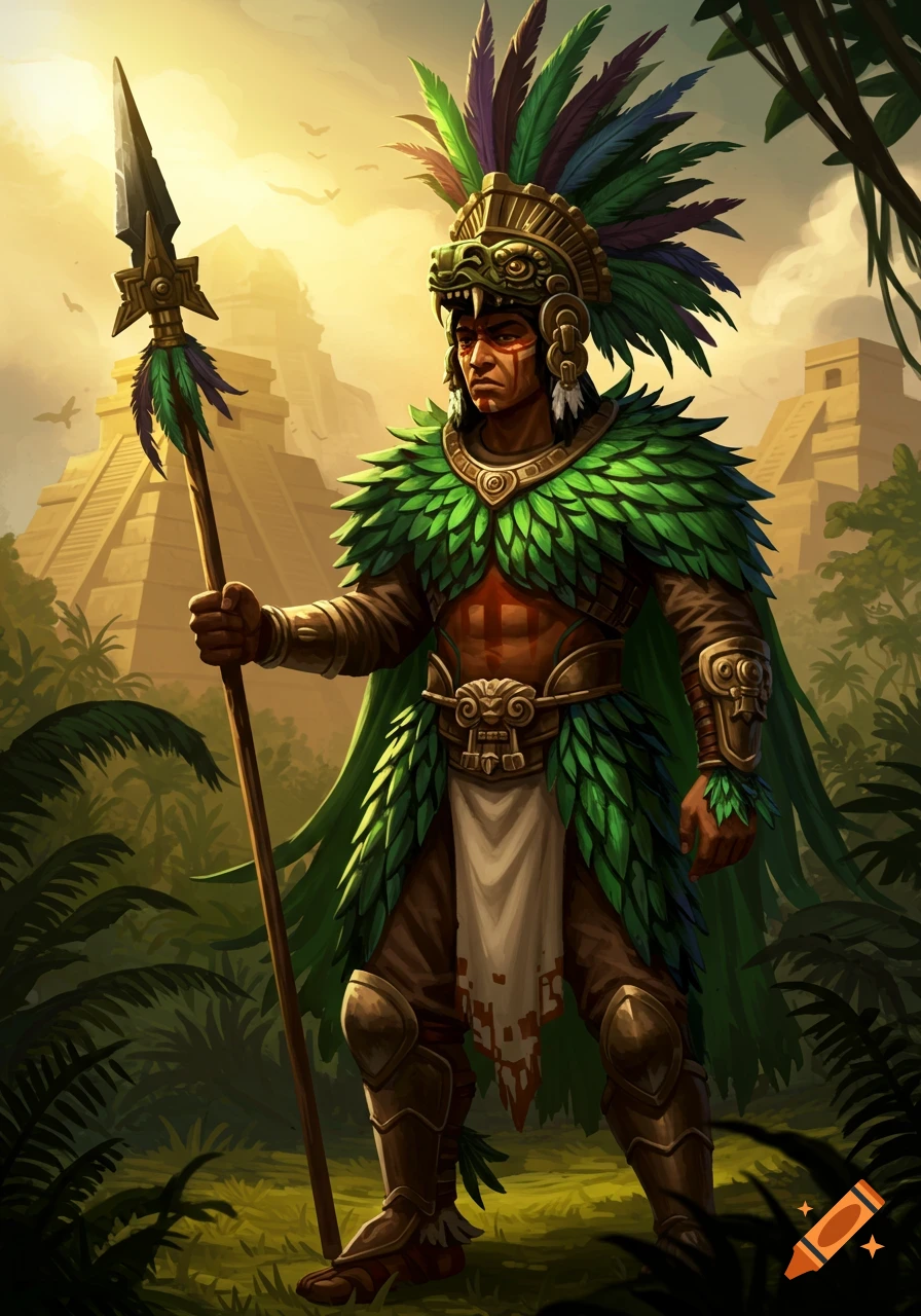 Mayan warrior in feathered armor stands in a jungle with pyramids ...