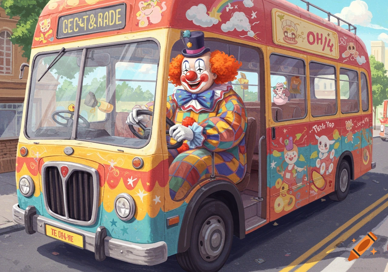 A colorful bus driven by a clown in a patchwork suit. on Craiyon