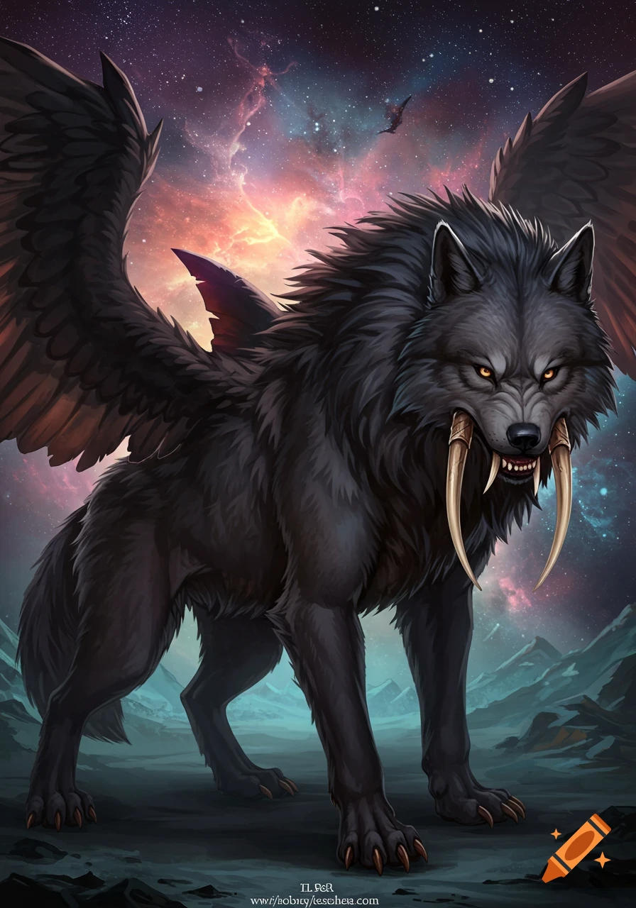 A black winged wolf with large tusks stands under a cosmic nebula sky ...