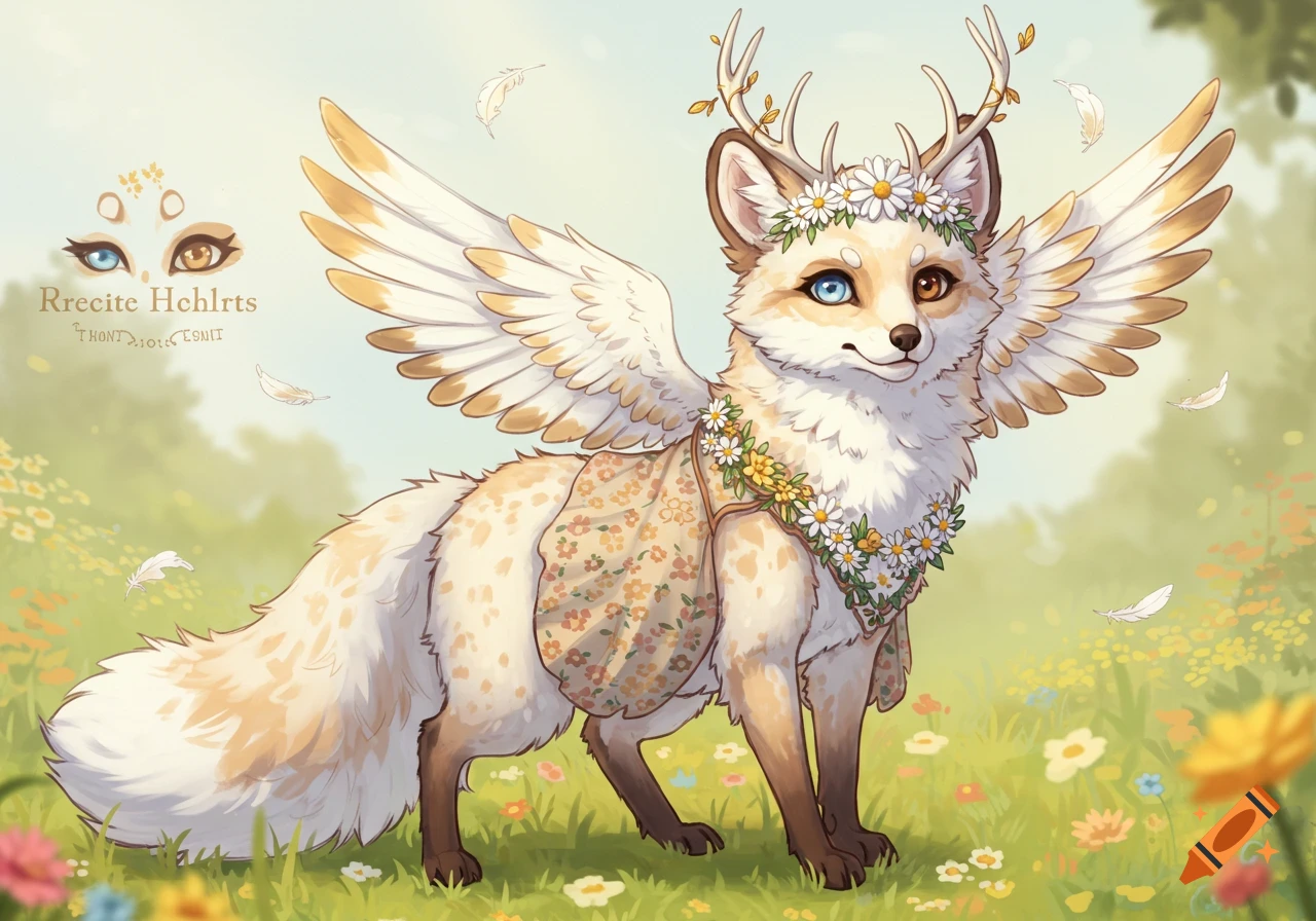 Cute fantasy fox-deer hybrid with wings, antlers, floral dress, and ...