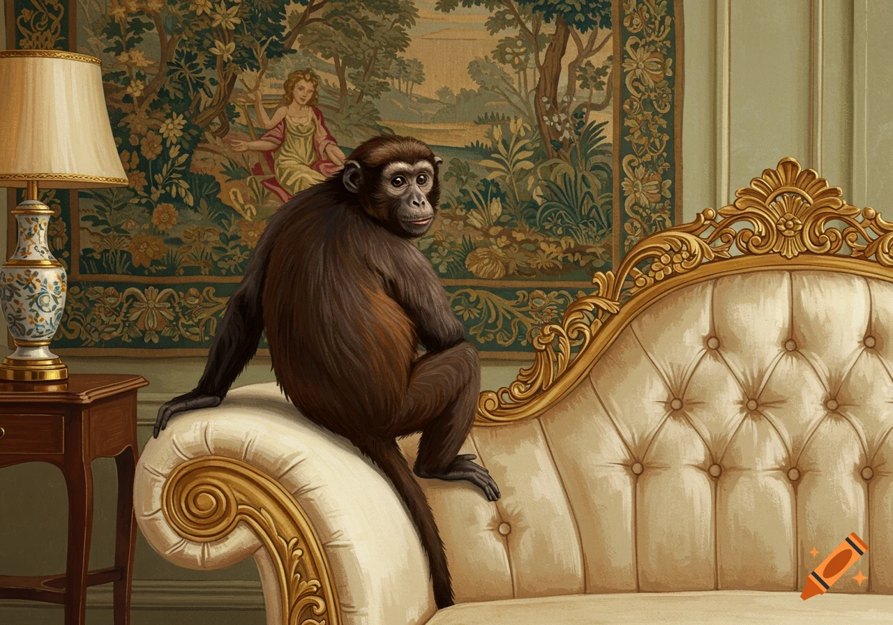 A monkey sits on a white sofa in front of a tapestry. on Craiyon