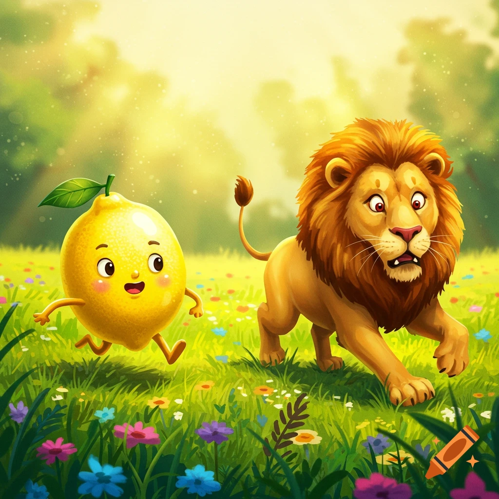 A cartoon lemon with a face runs through a field of flowers while being ...