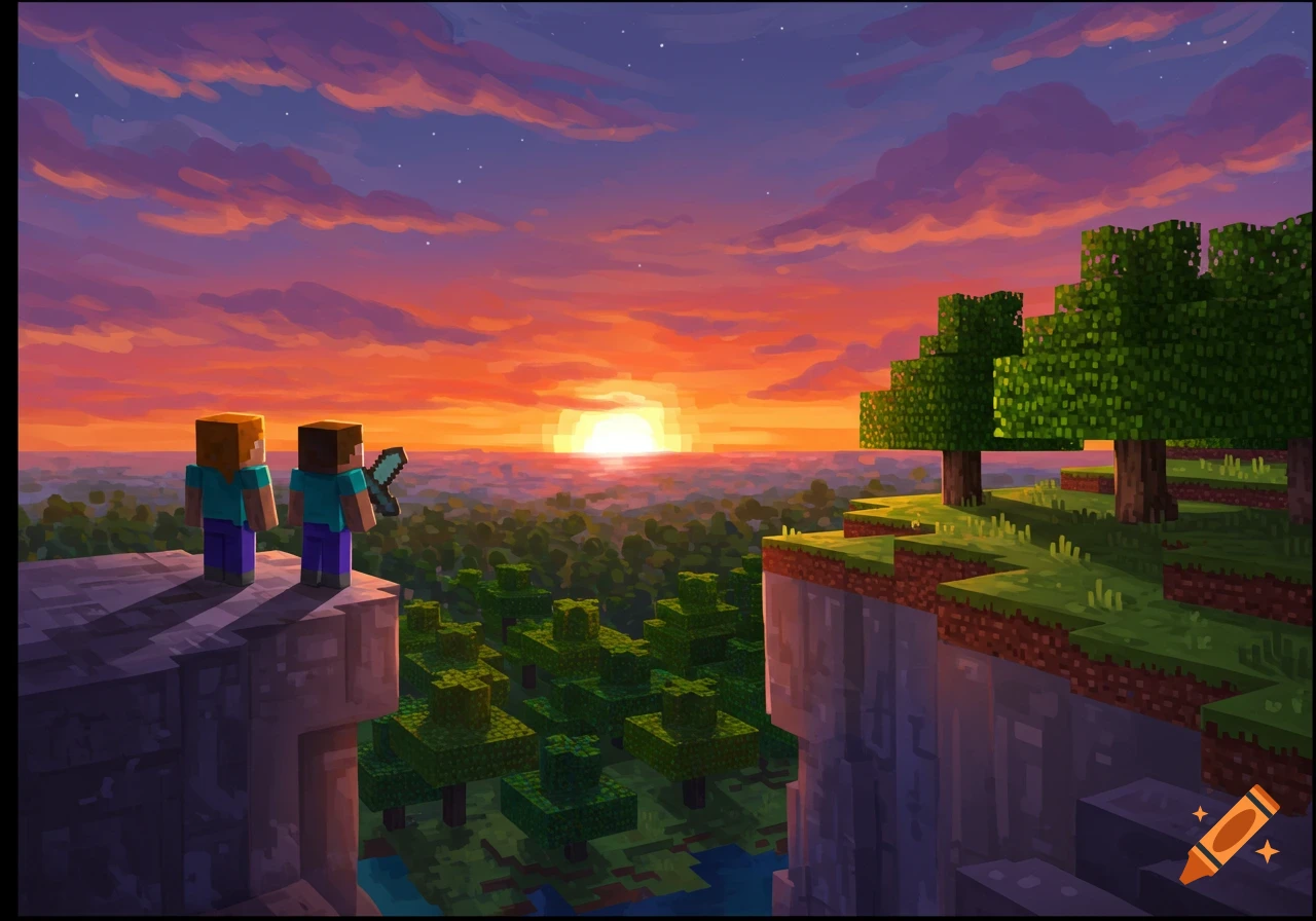 Steve and Alex from Minecraft standing on a cliff at sunset. on Craiyon