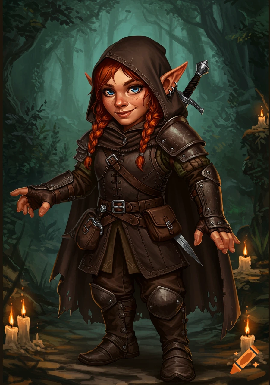 A female gnome rogue with red braids and leather armor stands in a dark ...