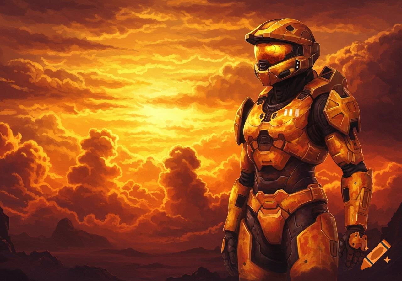 A Spartan in orange armor stands before a vibrant orange and red cloudy ...