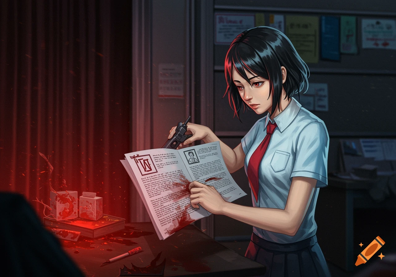 An anime-style girl in a school uniform examines a bloodstained ...